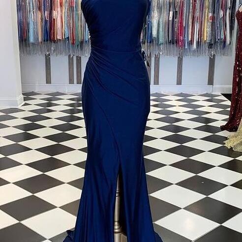 Strapless Ruched Navy Blue Satin Prom Dress on Luulla