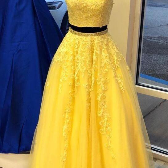 A Line Two Piece Long Yellow Prom Dress on Luulla