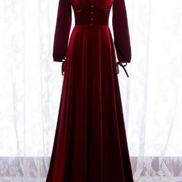 A-line Dark Red Velvet Long Sleeves Prom Dress on Luulla