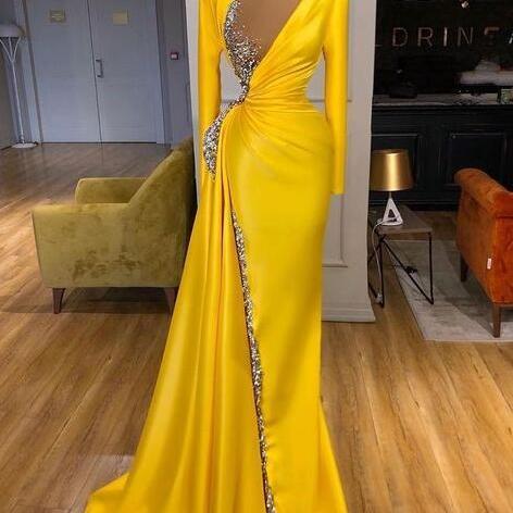 A Line Long Sleeve Yellow Evening Dress With Beading on Luulla