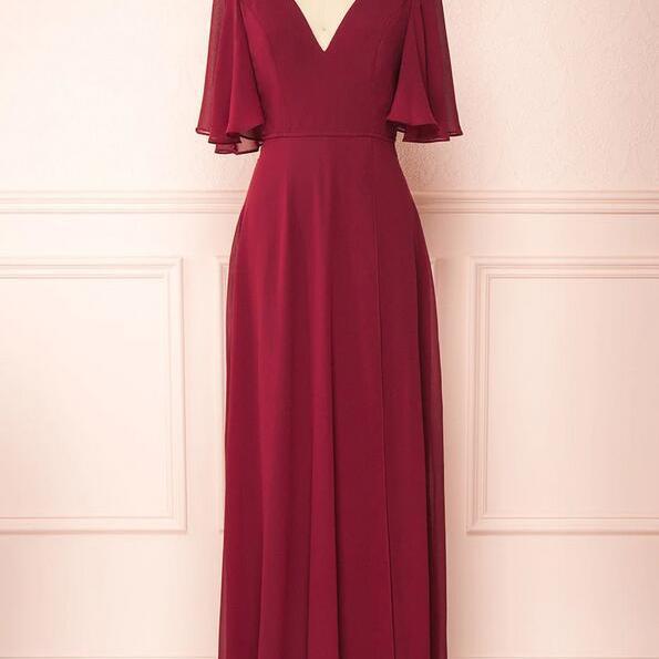 A Line Burgundy V-neck Chiffon Long Dress on Luulla
