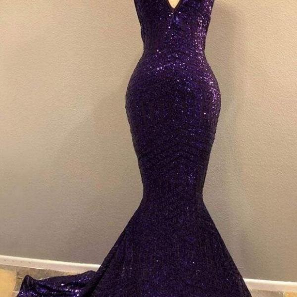 Halter Front Slit Backless Purple Sequin Prom Dress on Luulla