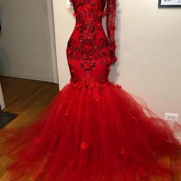 One Shoulder Red Prom Dress With Lace on Luulla