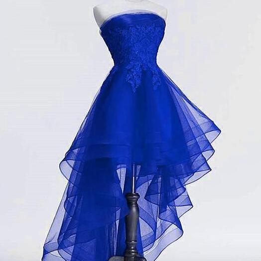 High Low Royal Blue Tulle With Lace Applique Party Dress on Luulla