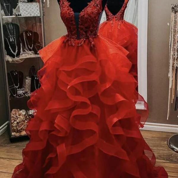 Gorgeous V Neck Open Back Red Lace Long Prom Dresses on Luulla