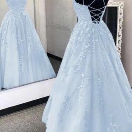 A-line Light Blue Long Prom Dress With Lace on Luulla