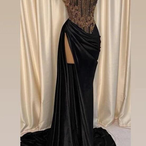 Chic Black Strapless Long Evening Dress With High Split on Luulla
