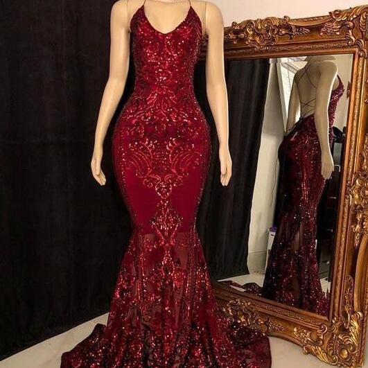 Mermaid Long Red Backless Lace Prom Dresses on Luulla