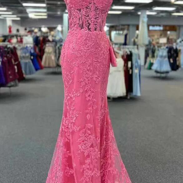 Pink Lace Prom Dresses With Appliques on Luulla