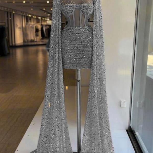 Silver Sequin Short Homecoming Dress With Long Sleeves on Luulla