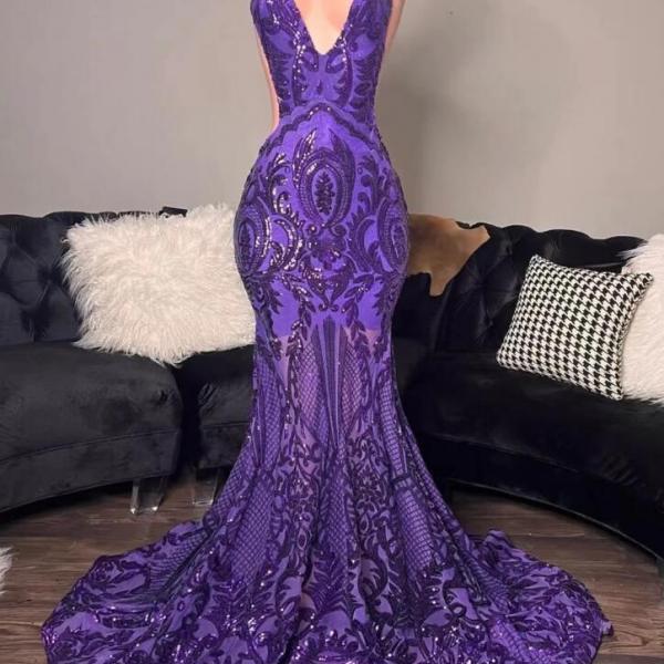 Halter Purple Sequin Prom Dresses, Mermaid Prom Dresses on Luulla