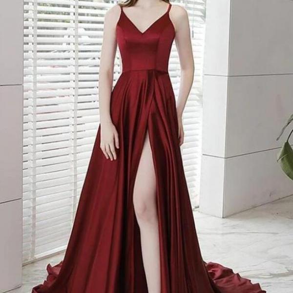 Spaghetti Straps Red Floor-length Split-front Evening Dress on Luulla