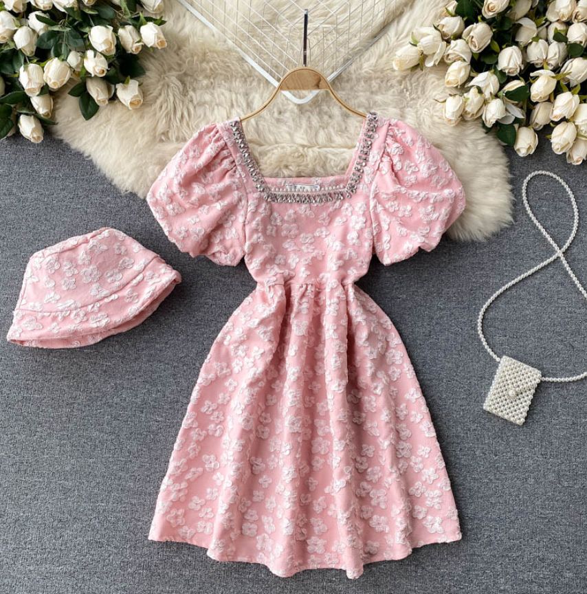 Cute Square Collar Slim Short Retro Palace Style Lace Dress on Luulla