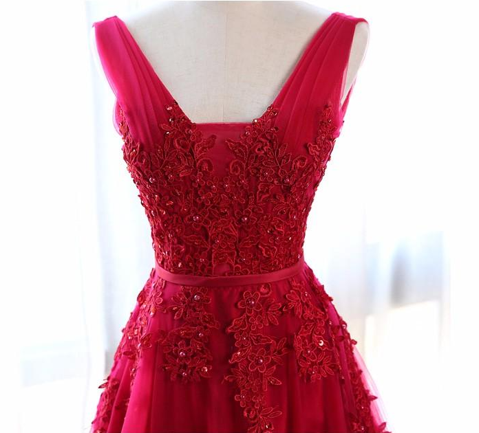 Dark Red Low Back Tulle Bridesmaid Dress on Luulla