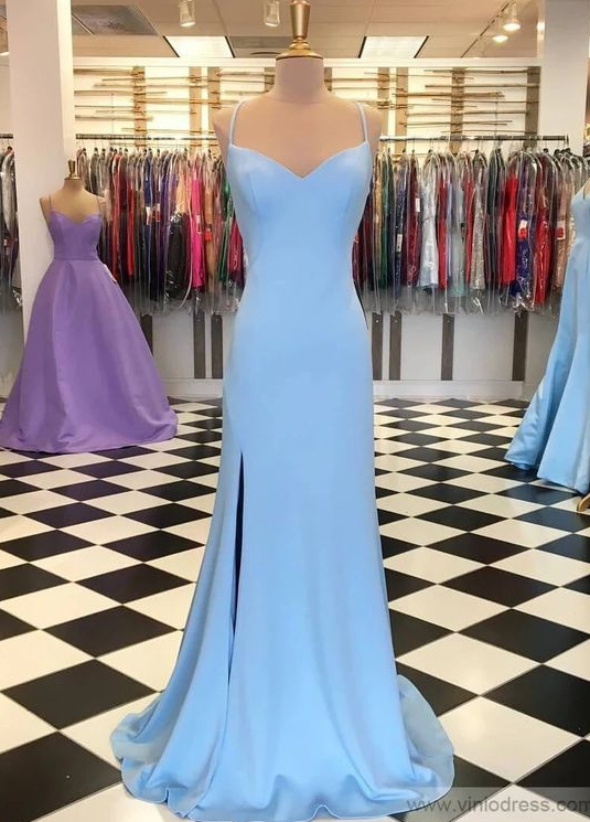 Sheath Light Blue Long Prom Dresses With Slit on Luulla