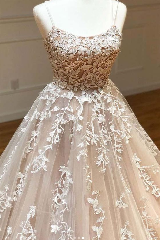 Tulle Scoop Appliqued Lace Long Prom Dress on Luulla