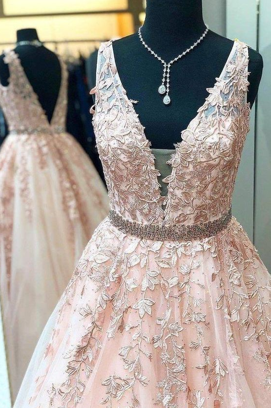 A Line V Neck Lace Pink Prom Dresses With Appliques on Luulla