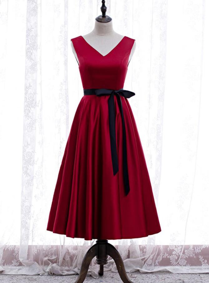 V Neck Satin Burgundy Short Prom Dress on Luulla