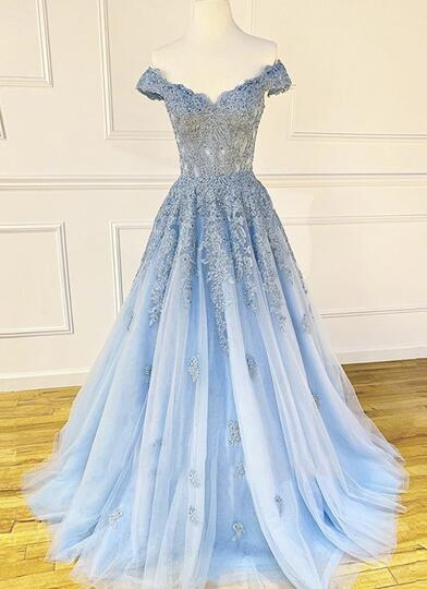 Off The Shoulder V Neck Light Blue Prom Dress on Luulla