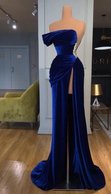 One Shoulder Royal Blue Velvet Evening Dress With Slit on Luulla