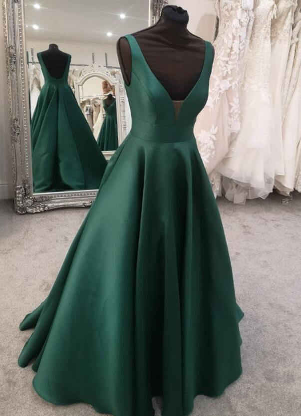 Open Back Green Satin V Neck Long Prom Dresses, Formal Evening Dresses ...