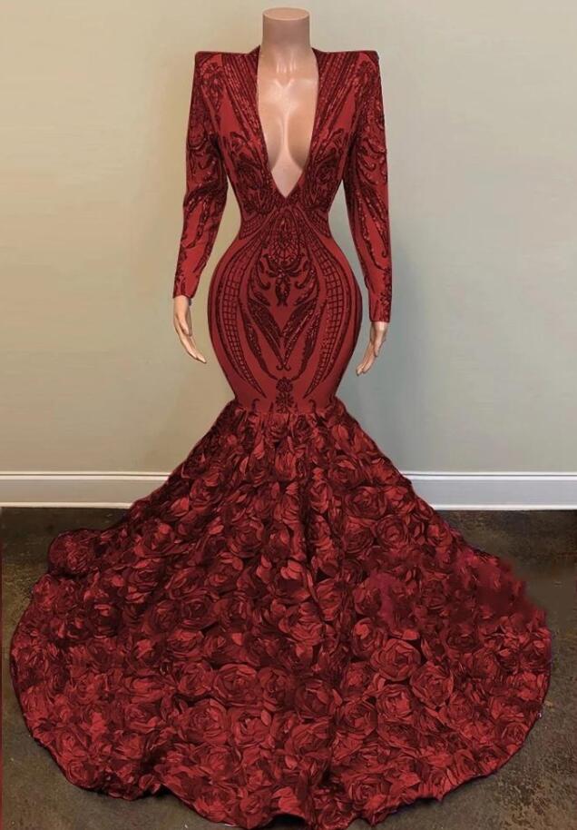 A Line Luxury Prom Dress V Neck Long Sleeves Sequin Evening Gowns on Luulla