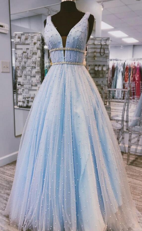 A Line Light Blue Tulle V Neck Prom Dress With Pearl Beaded on Luulla