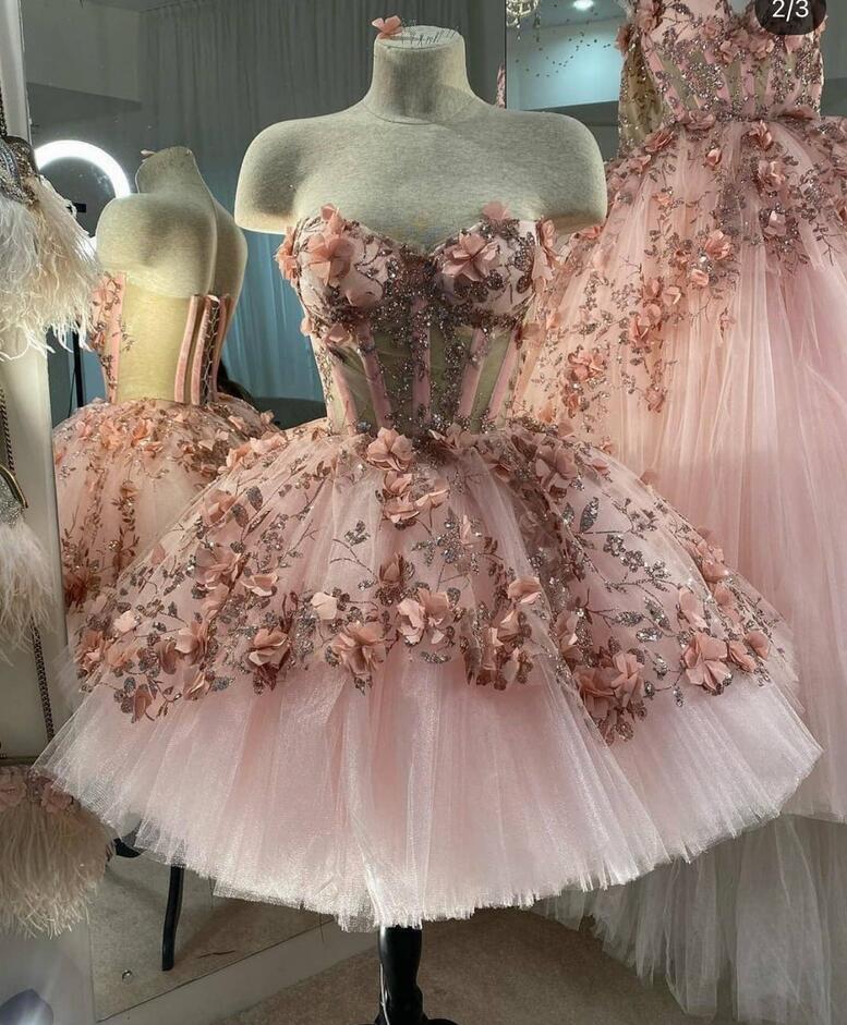 Elegant Sweetheart Neck Short Pink Prom Dress With 3d Flowers on Luulla