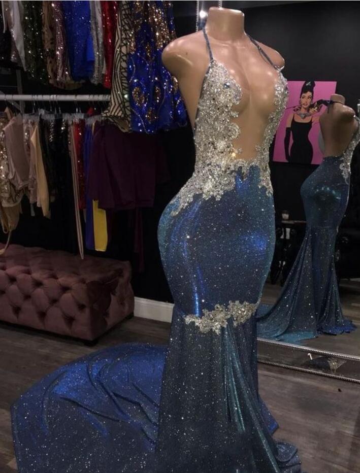 Halter Sheath Blue Open Front Backless Prom Dresses on Luulla