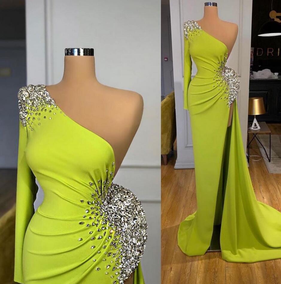 One Shoulder Split A Line Evening Dress With Beading on Luulla