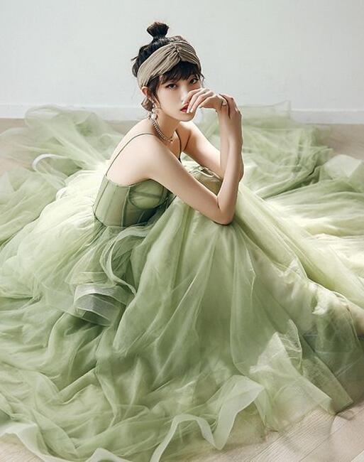 Spaghetti Strap Tulle Green Princess Prom Dress on Luulla