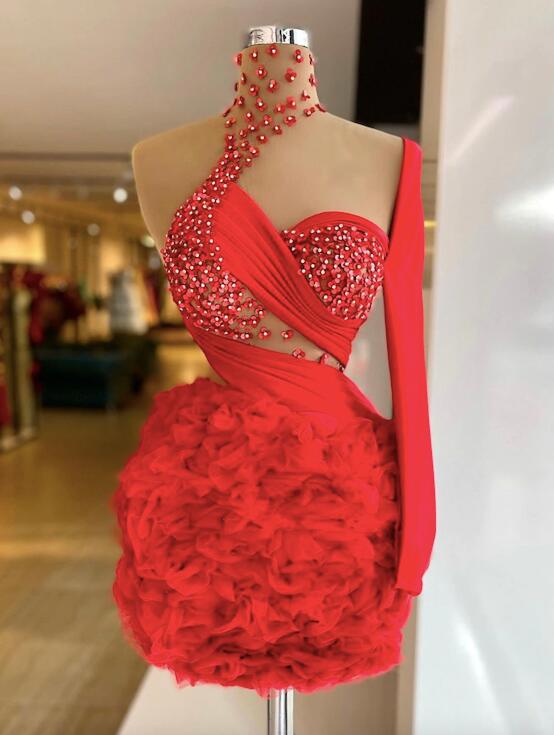 Sexy One Shoulder Short Red Prom Dress With Beading on Luulla