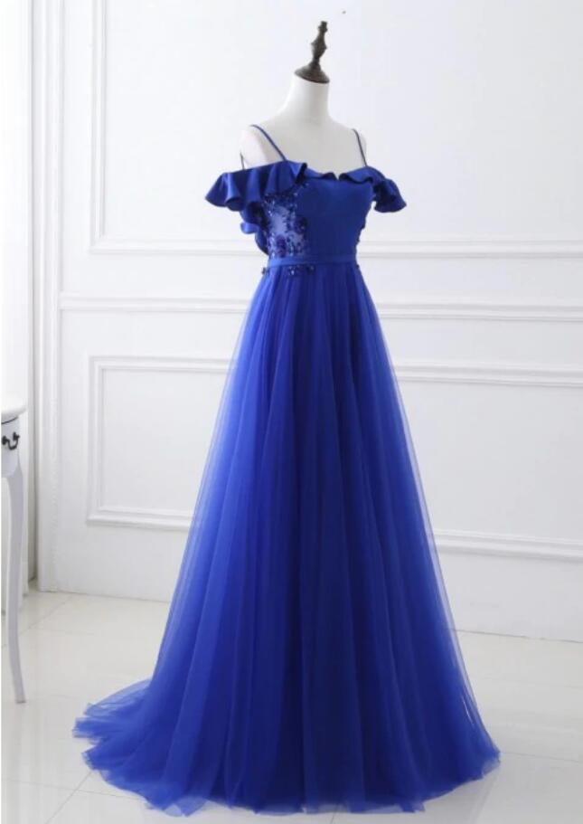 Elegant Royal Blue Tulle Satin Evening Dress With Spaghetti Straps on ...