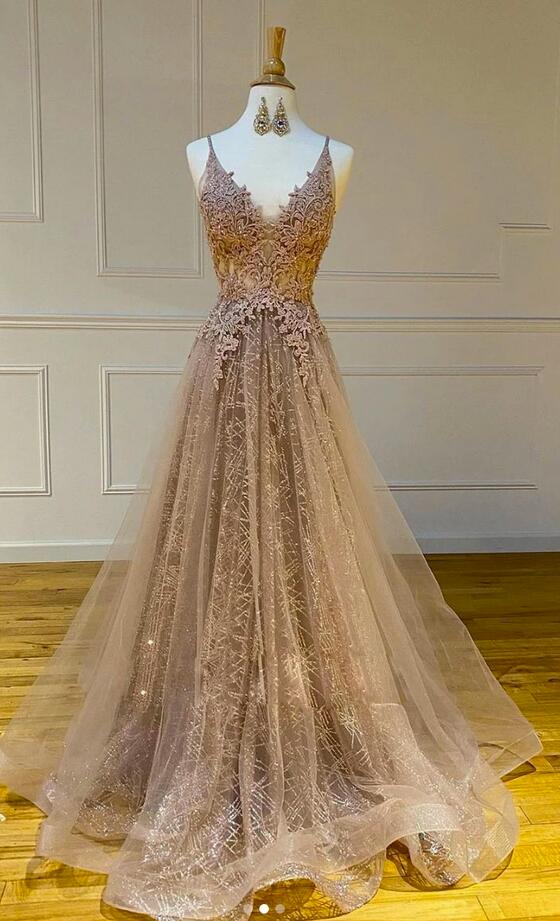 A Line V Neck Champagne Tulle Long Lace Prom Dress On Luulla