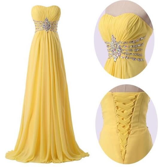 A Line Yellow Chiffon Beaded Prom Dress on Luulla