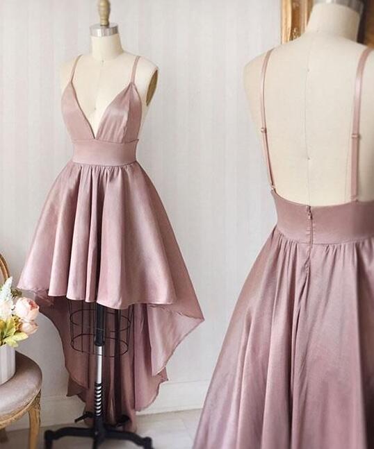 Simple V Neck High Low Pink Prom Dress on Luulla