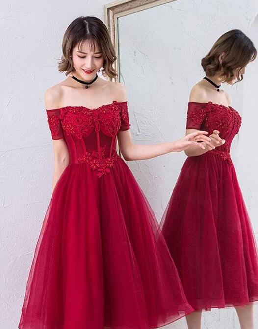 Off Shoulder Burgundy Short Prom Dress With Lace on Luulla
