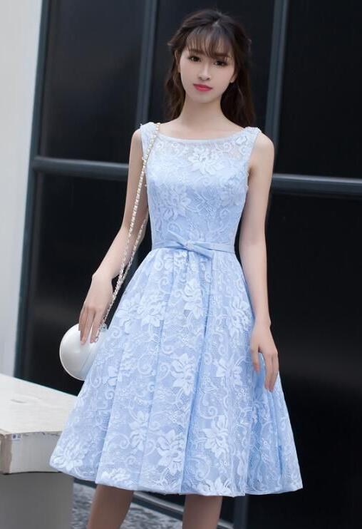 Light Blue Knee Length Lace Party Dress on Luulla
