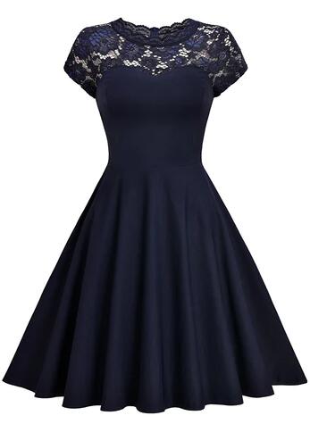 Simple Short Sleeve Navy Blue Cocktail Swing Dress on Luulla