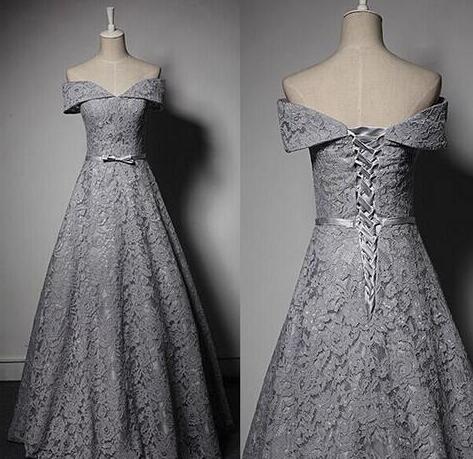 Off Shoulder A Line Lace Formal Grey Evening Gowns on Luulla
