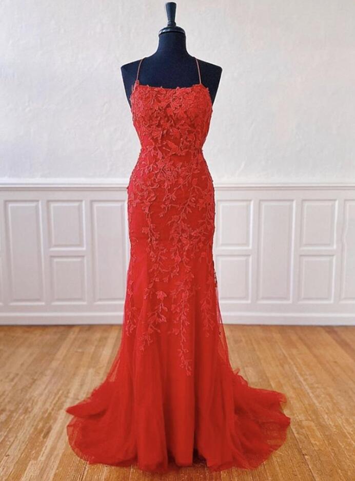 Mermaid Long Red Backless Lace Prom Dresses on Luulla
