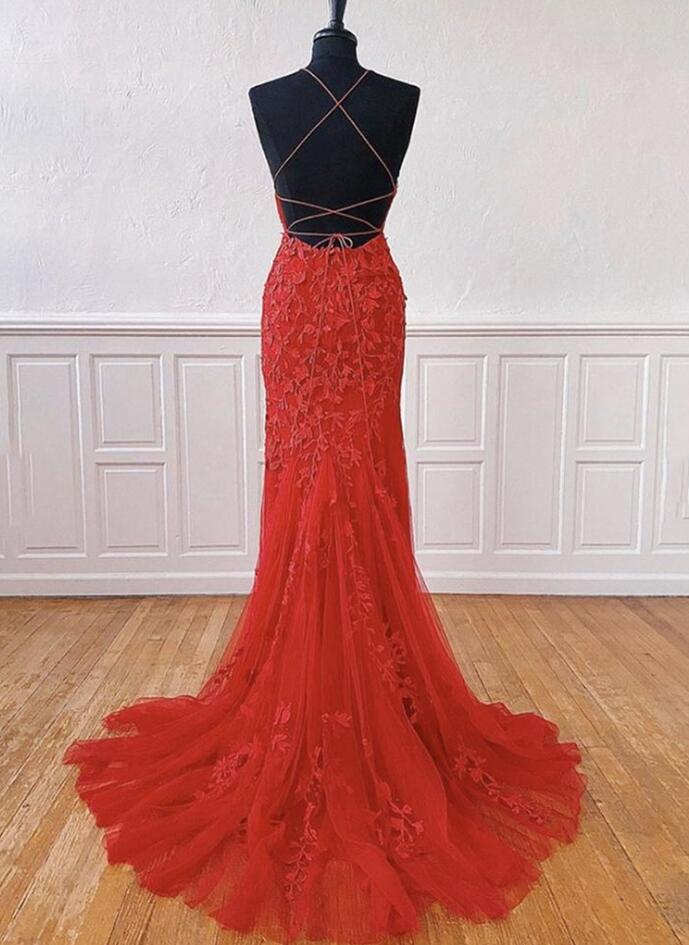 Mermaid Long Red Backless Lace Prom Dresses on Luulla