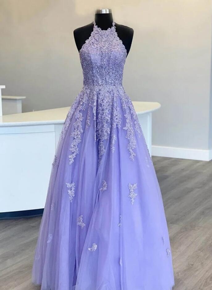 Halter Neck Long Purple Lace Prom Dresses Evening Dresses on Luulla