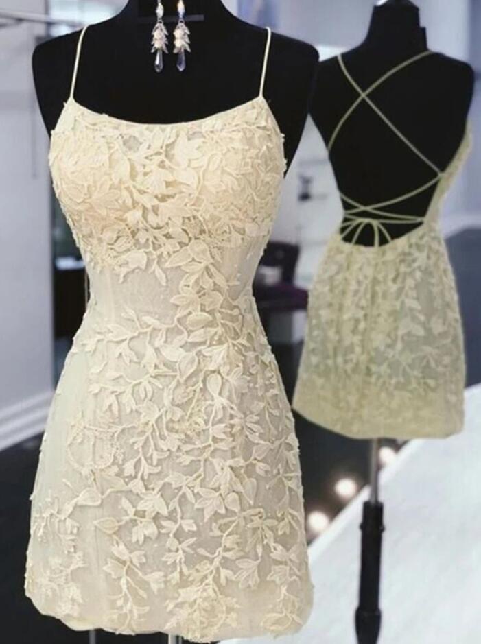 Cute Short Yellow Lace Prom Dresses on Luulla