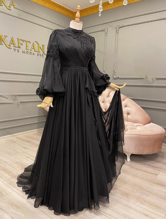 A-line Black Chiffon Evening Dresses With Long Sleeves Beading on Luulla