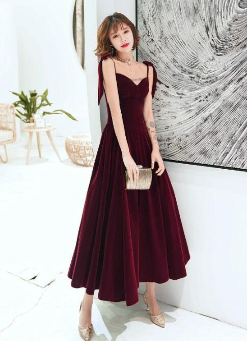 Elegant Dark Red Velvet Tea Length Prom Dress on Luulla