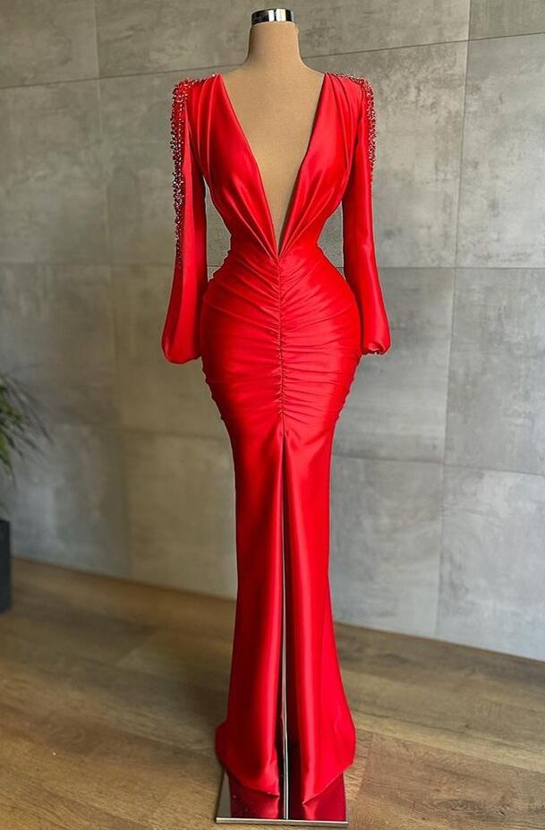 Deep V-neck Red Prom Dress Long Sleeves With Beadings on Luulla