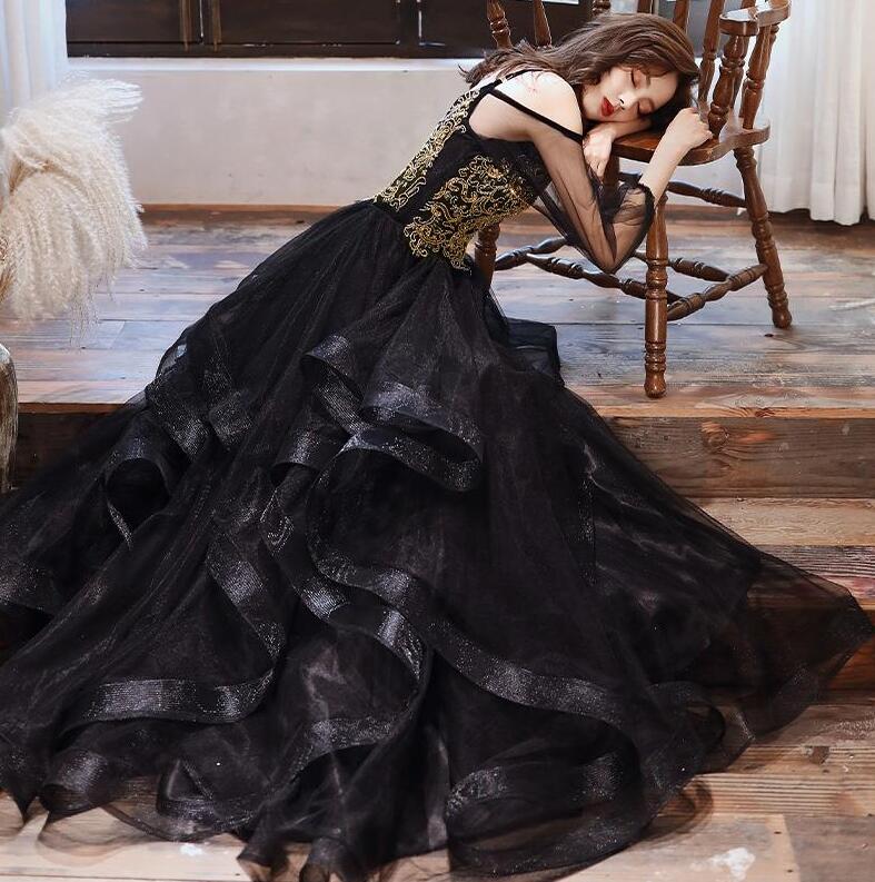 A Line Black Tulle Layers Party Dress With Gold Lace on Luulla