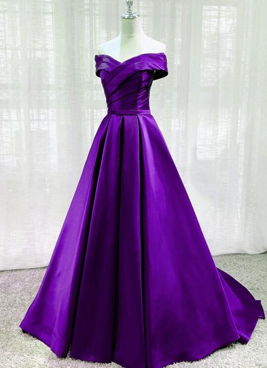 Off Shoulder Long Purple Satin Prom Dress on Luulla