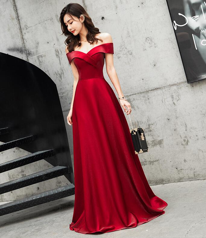 Off Shoulder A-line Shiny Red Satin Evening Dress on Luulla
